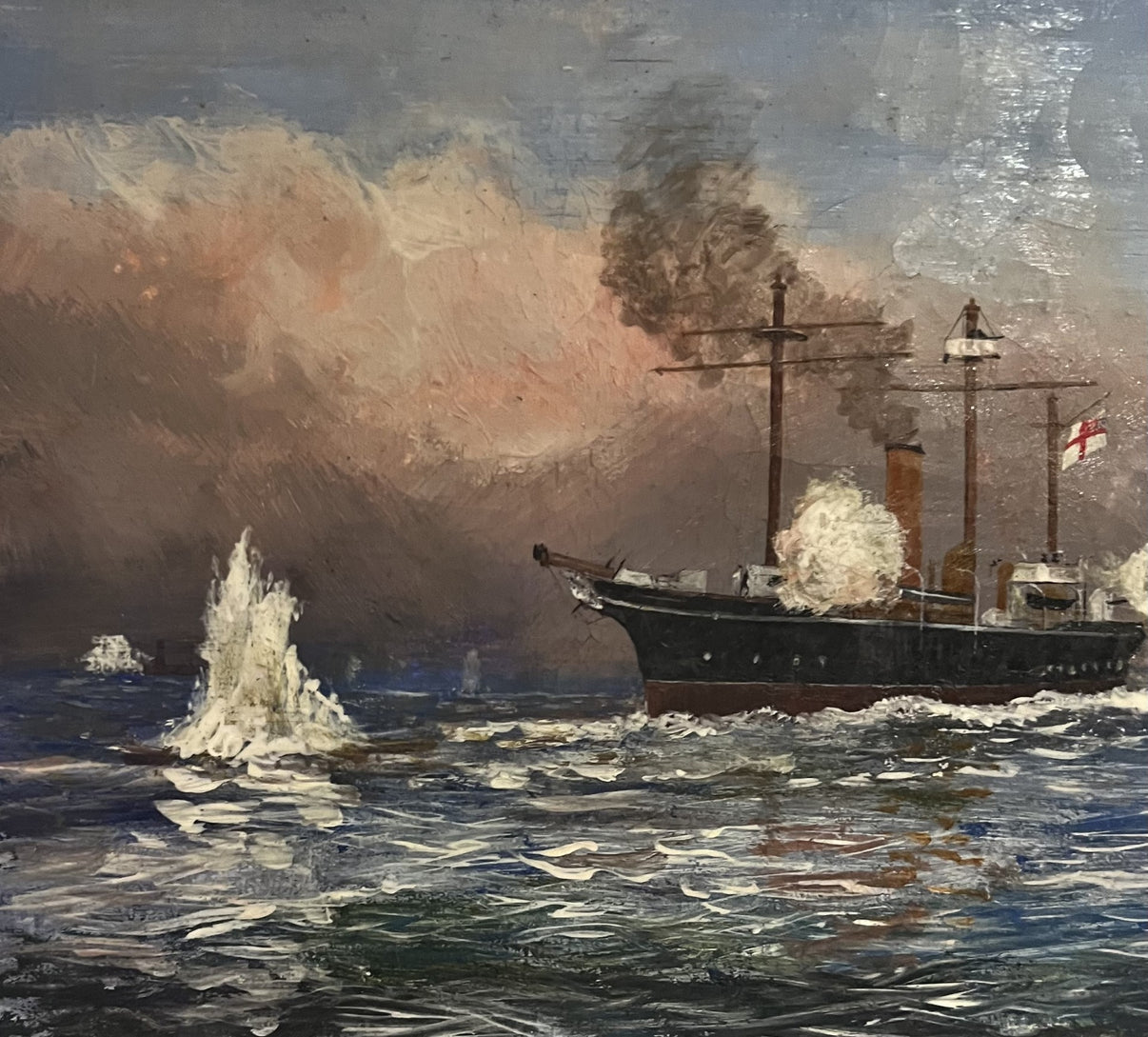 OIL ON CANVAS C1880S BRITISH STEAM WARSHIP HMS CONDOR BOMBARDMENT OF A ...