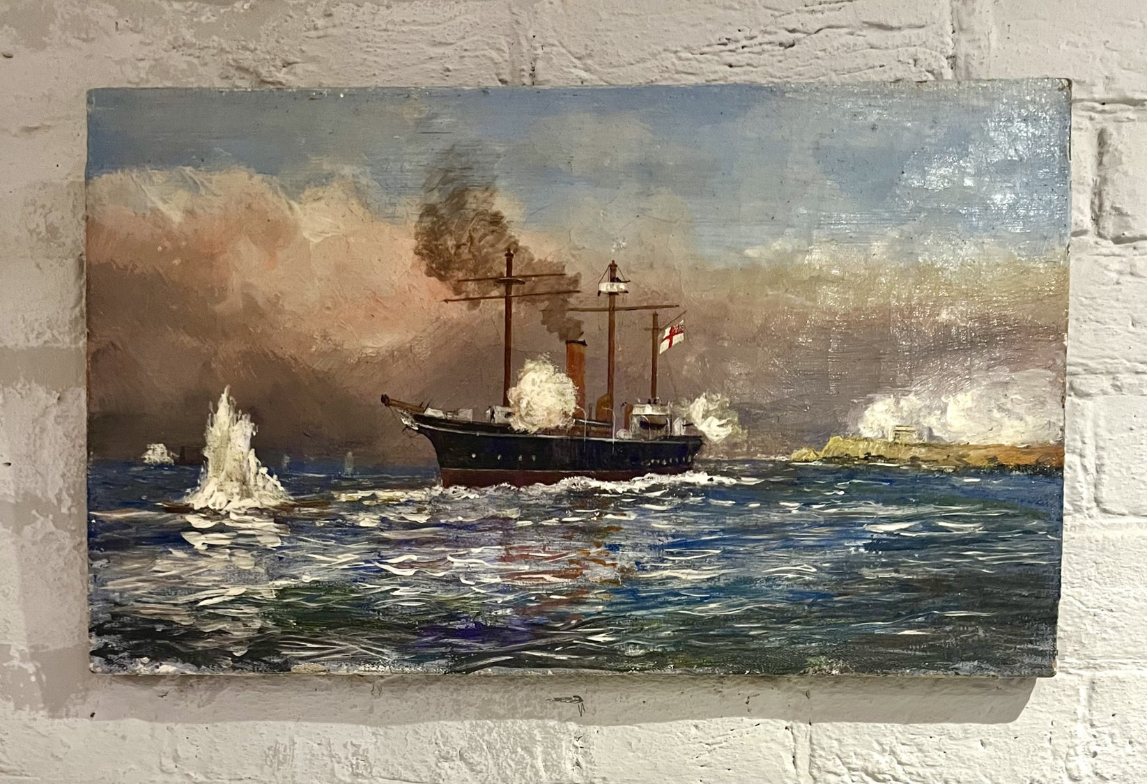 OIL ON CANVAS C1880S BRITISH STEAM WARSHIP HMS CONDOR BOMBARDMENT OF A ...